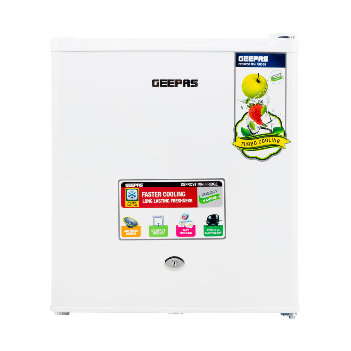 Defrost Mini Fridge, Door Lock and Key, GRF654WPEN – Geepas