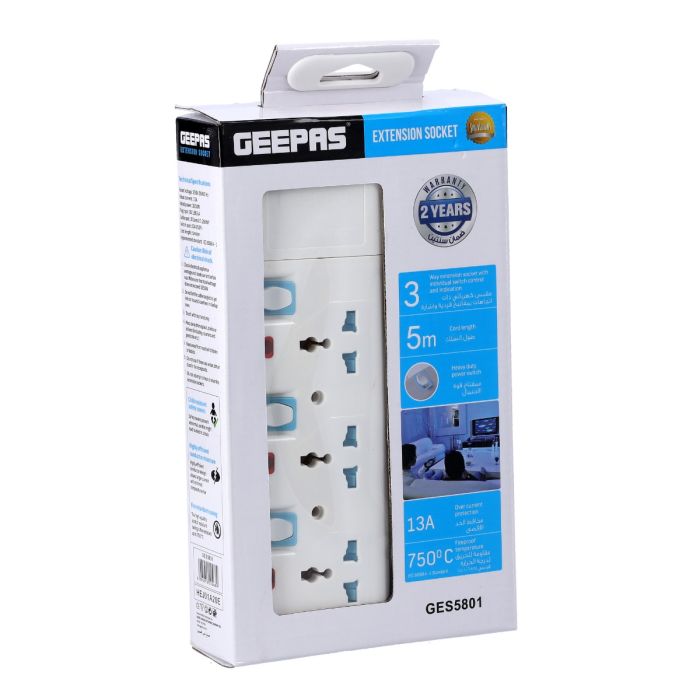 Geepas 3 Way Extension Socket 13A - Extension Lead Strip with Led Indi